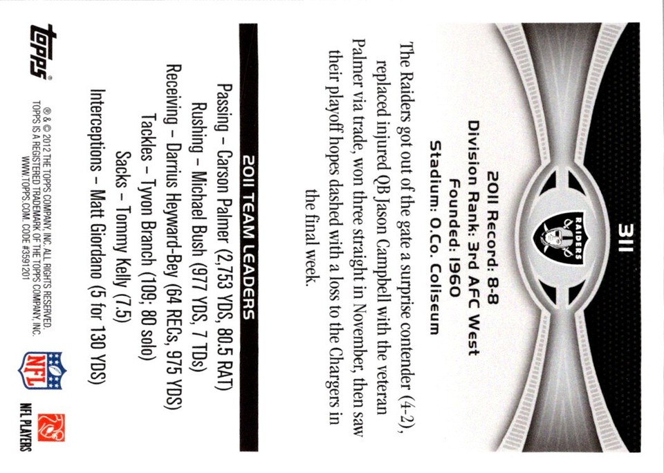 2012 Topps Oakland Raiders: Carson Palmer #311 Oakland Raiders Football ...