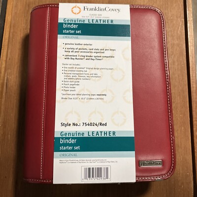 Franklin Covey Classic Red Leather Zipper Planner Binder 7 Ring Starter ...