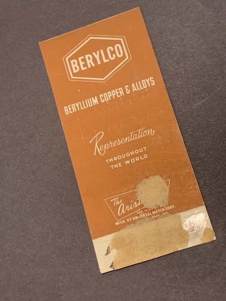 Vintage Pennsylvania Matchbook: “Berylco” Reading, PA | eBay