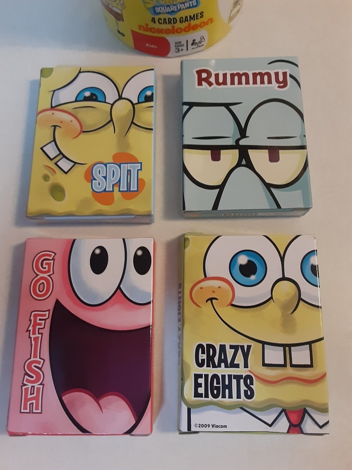 Spongebob Squarepants Canister 4 Card Game Set Rummy Spit Go Fish Crazy ...