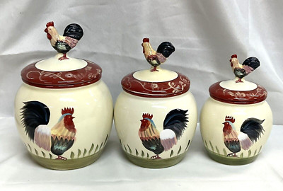 Vtg 3 Pc. Home Interiors The Rooster Canister Set Hand Painted Chicken ...