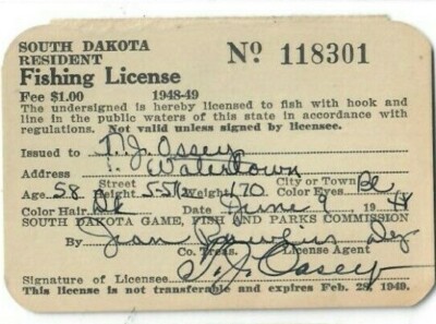 Vintage Resident South Dakota Fishing License 1948-49 ~Owner was train ...