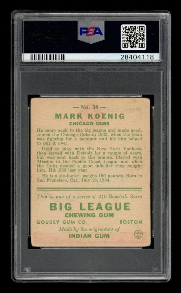 1933 Goudey Set-Break # 39 Mark Koenig PSA 3 VG | eBay