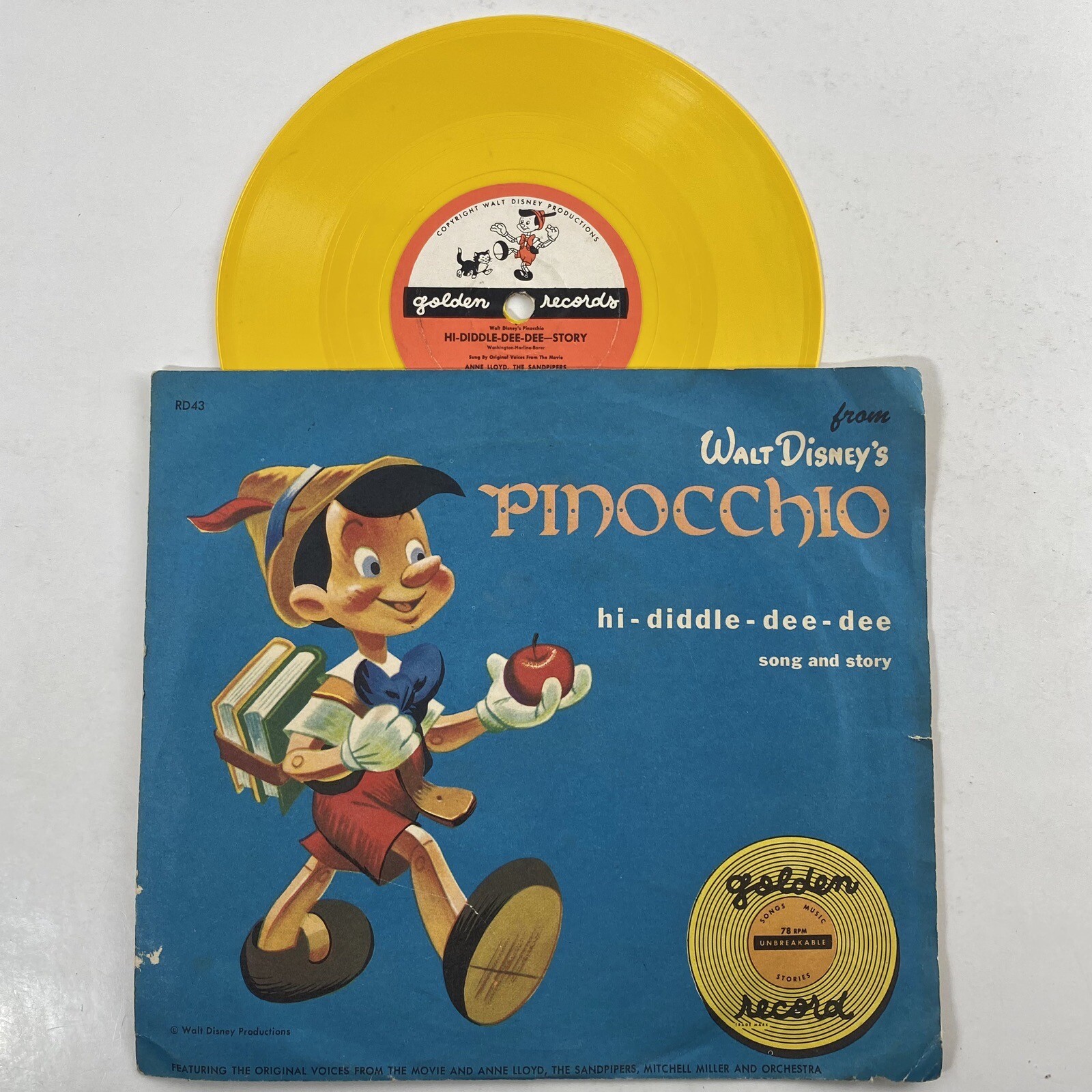 Pinocchio Hi-Diddle-Dee-Dee Vintage 1950’s Disney Yellow Golden Record ...