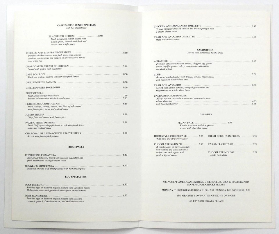1980's Vintage Lunch Menu CAFE PACIFIC Restaurant Highland Park Texas ...