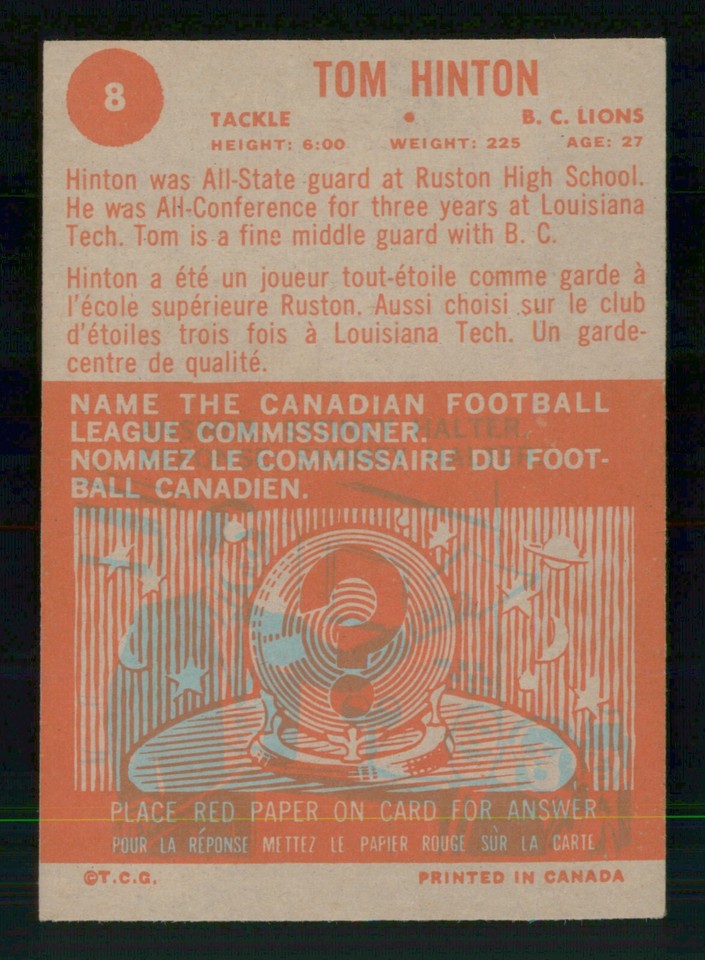 TOM HINTON 1963 TOPPS CFL 63 NO 8 EX+ 63412 | eBay