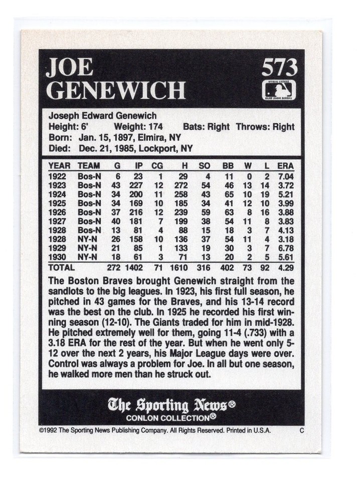 Baseball Card - 1992 Joe Genewich 573 - Boston Braves Conlon MLB | eBay