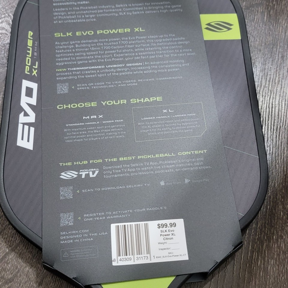 Selkirk SLK EVO Power Pickleball Paddle XL Citron T700 Carbon Fiber ...