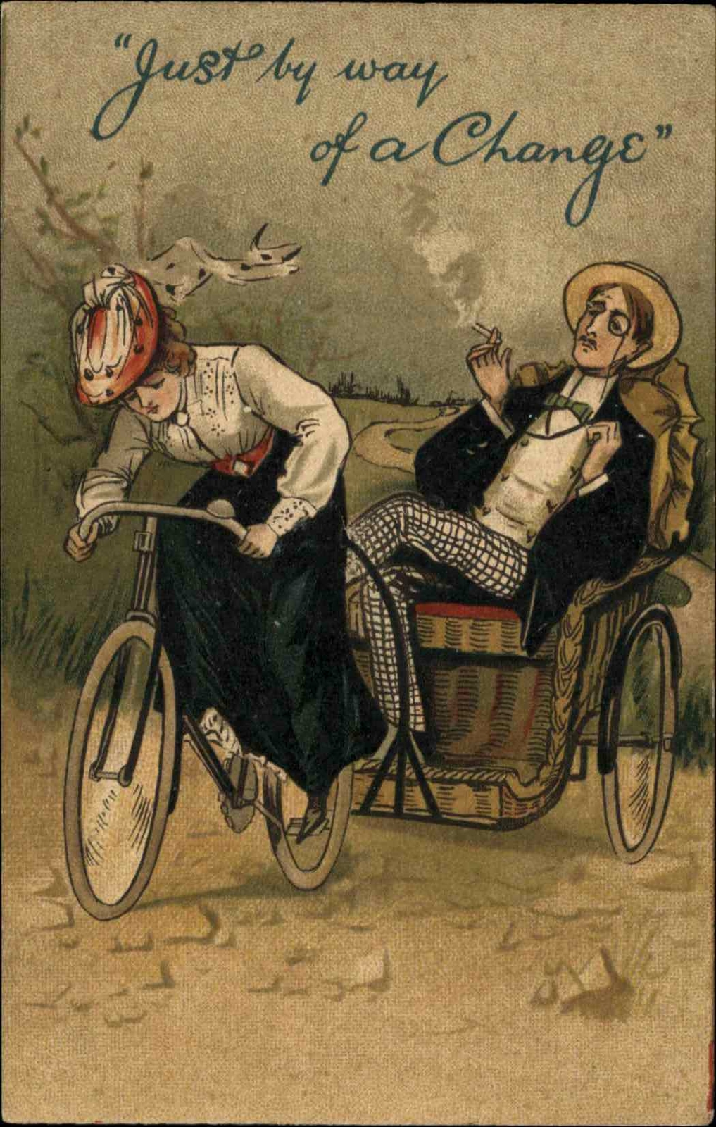 Woman Working Riding Bicycle Pulling Wagon Snooty Man Smoking Postcard ...
