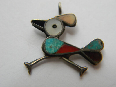 Vintage Multi Stone Inlay Sterling Silver Road Runner Pendant, Dainty ...