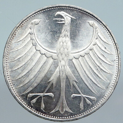 1974 G GERMANY Vintage Winged Eagle OLD German Large 5 Mark Silver Coin ...