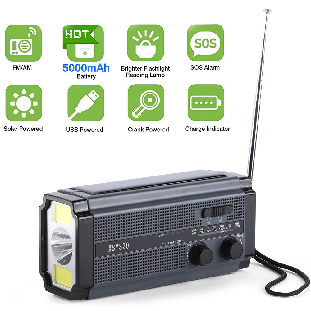 Solar Hand Crank Emergency Radio Flashlight Reading Light AM/FM SOS ...