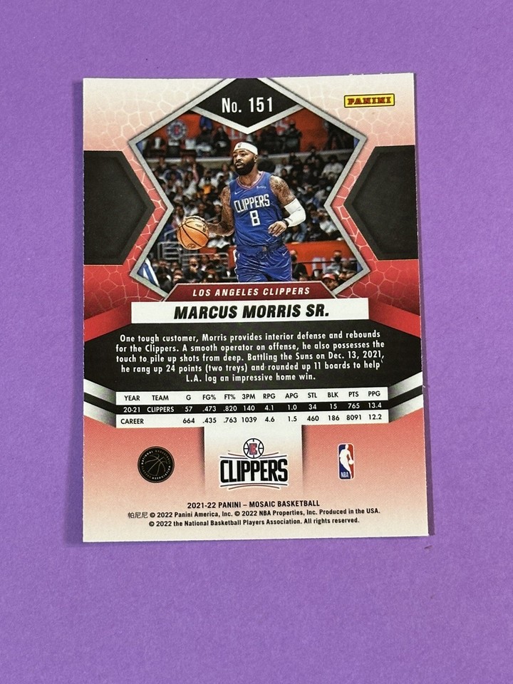 2021-22 Panini Mosaic Marcus Morris Jr. #151 Los Angeles Clippers (R ...
