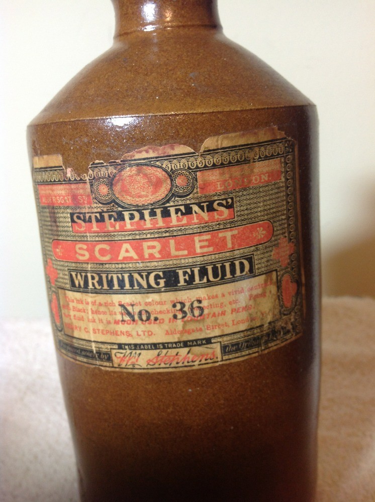 Stephens' Scarlet Writing Fluid No 36 Stoneware Bottle; Original Label ...