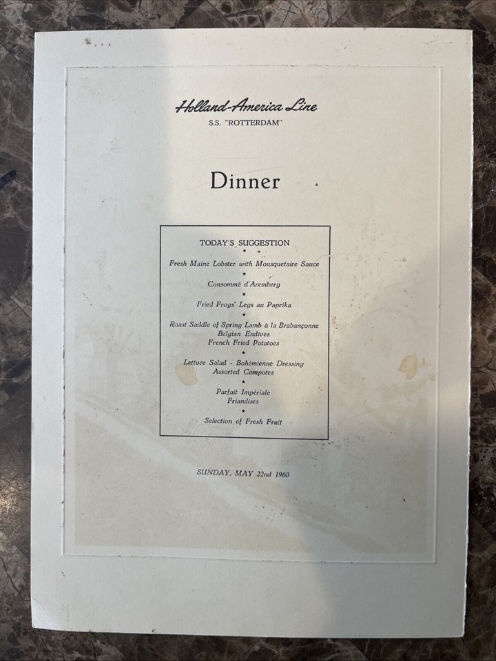 1960 Holland America Line SS Rotterdam Cruise Ship Dinner Menu | eBay