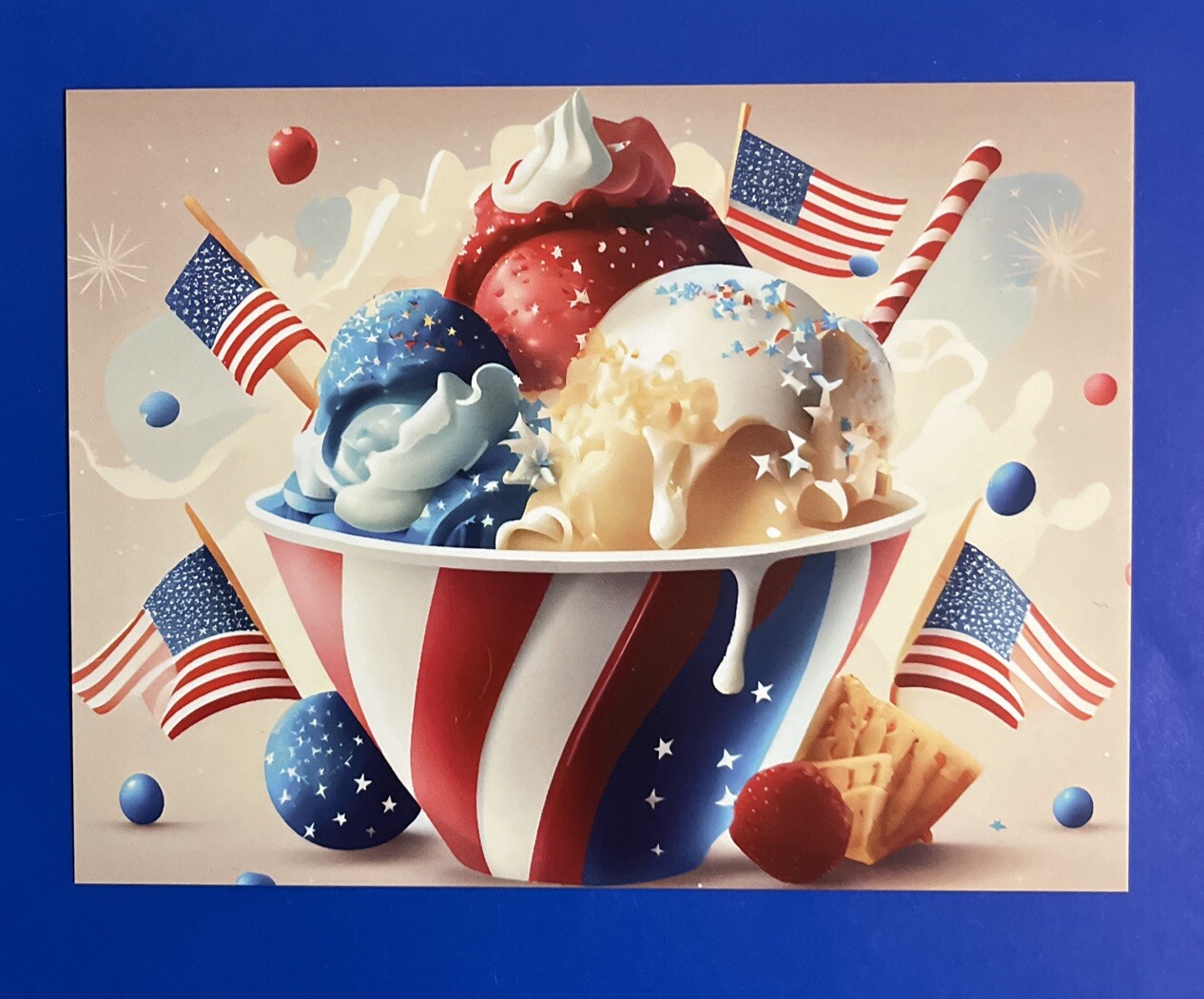 POSTCARD PATRIOTIC 4TH OF JULY STRAWBERRY ICE CREAM FOOD ART PRINT 4 1/ ...