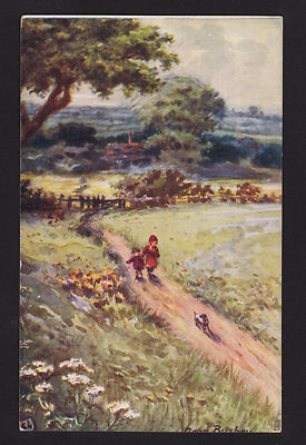 c1910 Tuck artist signed Bush? Children walking with Dog country ...