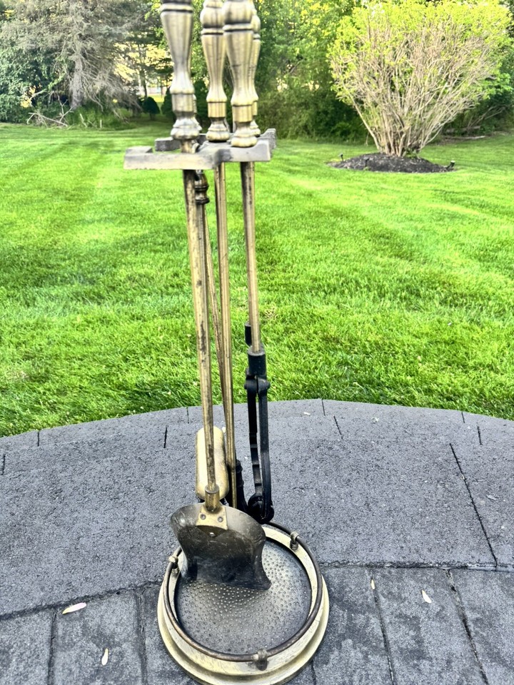 VTG Cast Metal Heavy 14.1 Lb Solid 5-Pc Fireplace Tool & Stand Set 31 ...