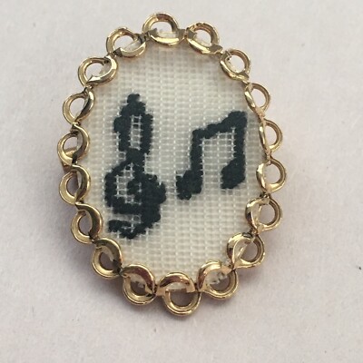 Vintage Brooch Needlepoint Music Notes Gold Oval Musician Song Gold ...