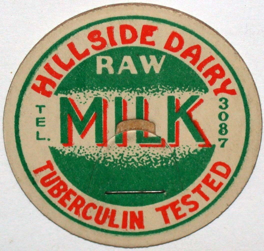 Vintage milk bottle cap HILLSIDE DAIRY Raw Milk Tel 3087 unused new old ...