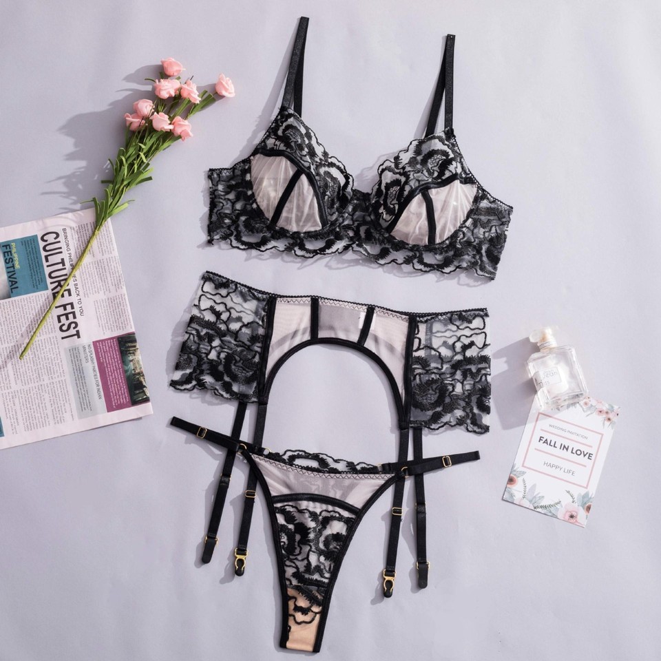 Nude Black Lace Lingerie Set 3-Piece Sheer Bra Panty Garter Belt Sexy ...