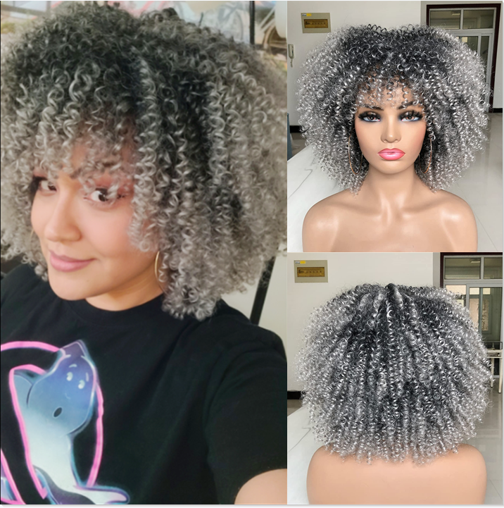 Afro Short Curly Gray Wigs for Black Women Ombre Grey Wig With Bangs ...