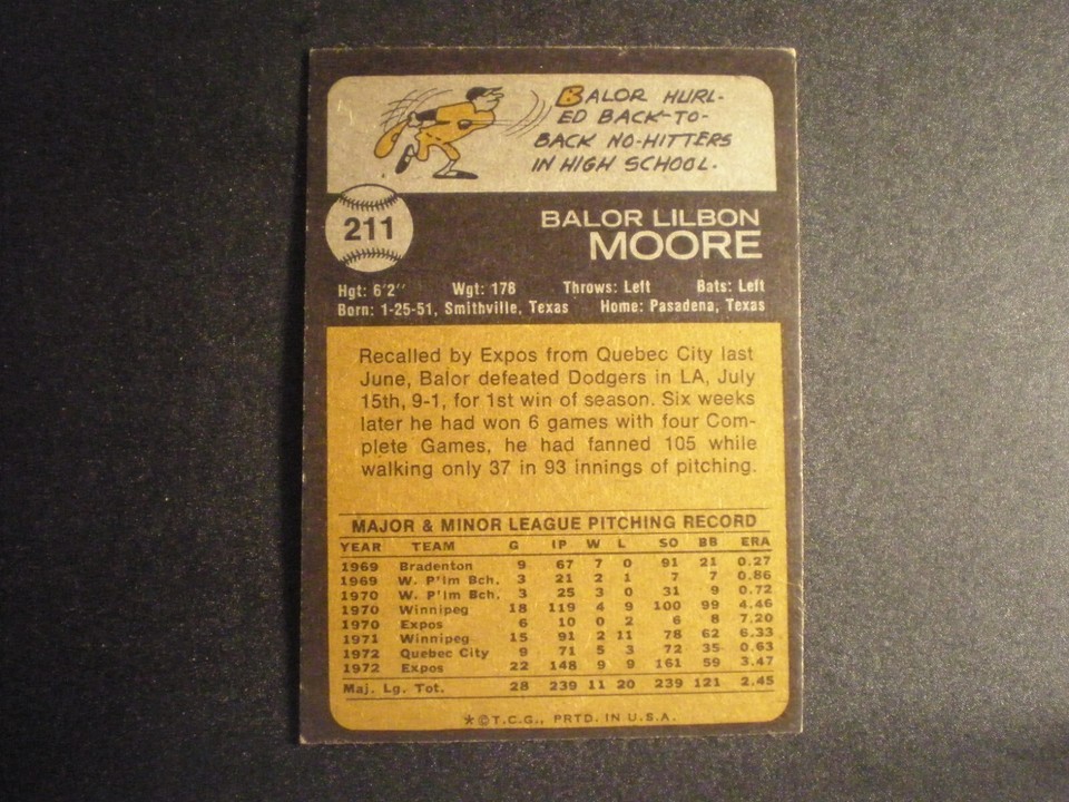 1973 Topps Baseball Balor Moore Card # 211 | eBay