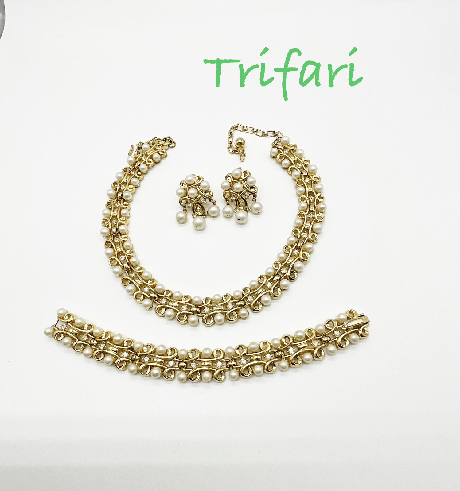 Vintage Trifari Faux Pearl Rhinestone Necklace & Brac… - Gem
