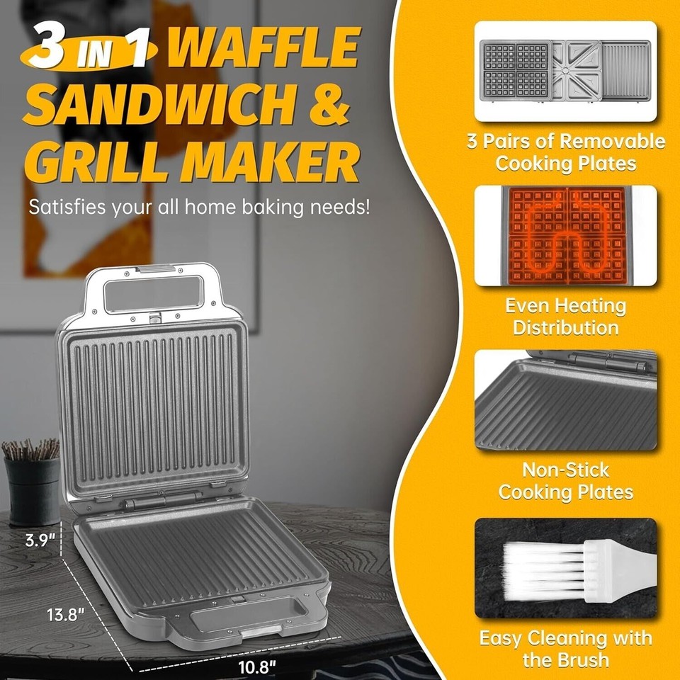 3 in 1 Electric Griddle Panini Press with Removable Plates Belgian ...