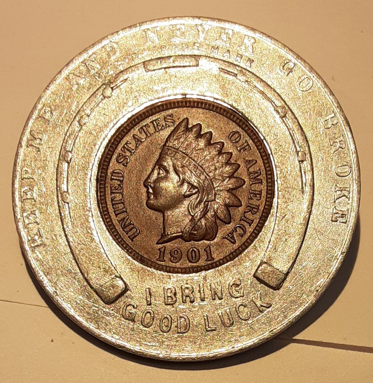 1901 Indian Encased Cent UNC in Good Luck Holder/Lucky Penny Pocket ...