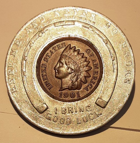 1901 Indian Encased Cent UNC in Good Luck Holder/Lucky Penny Pocket ...