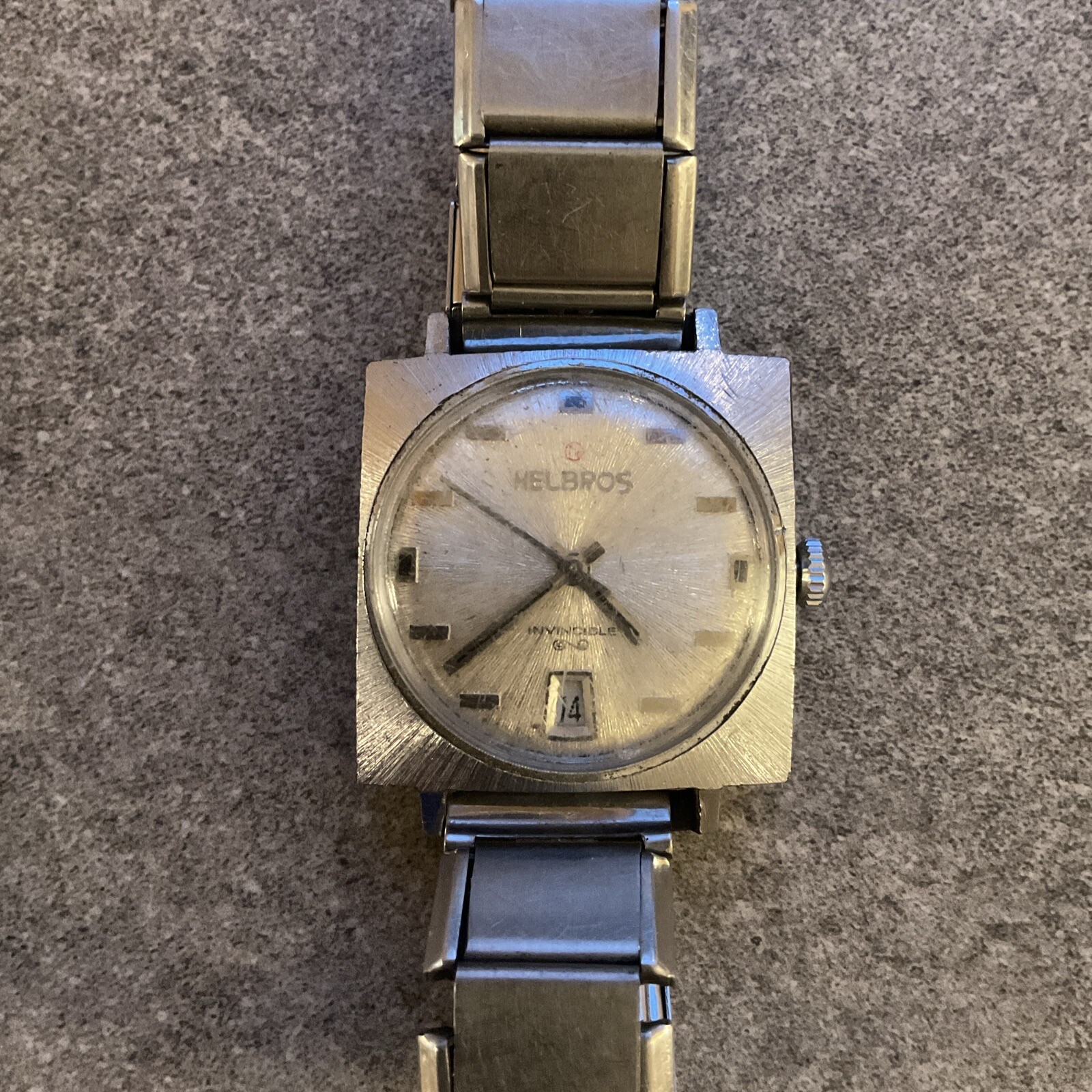 Helbros Invincible Silver Tone Men's Vintage Mechanical Square Watch ...