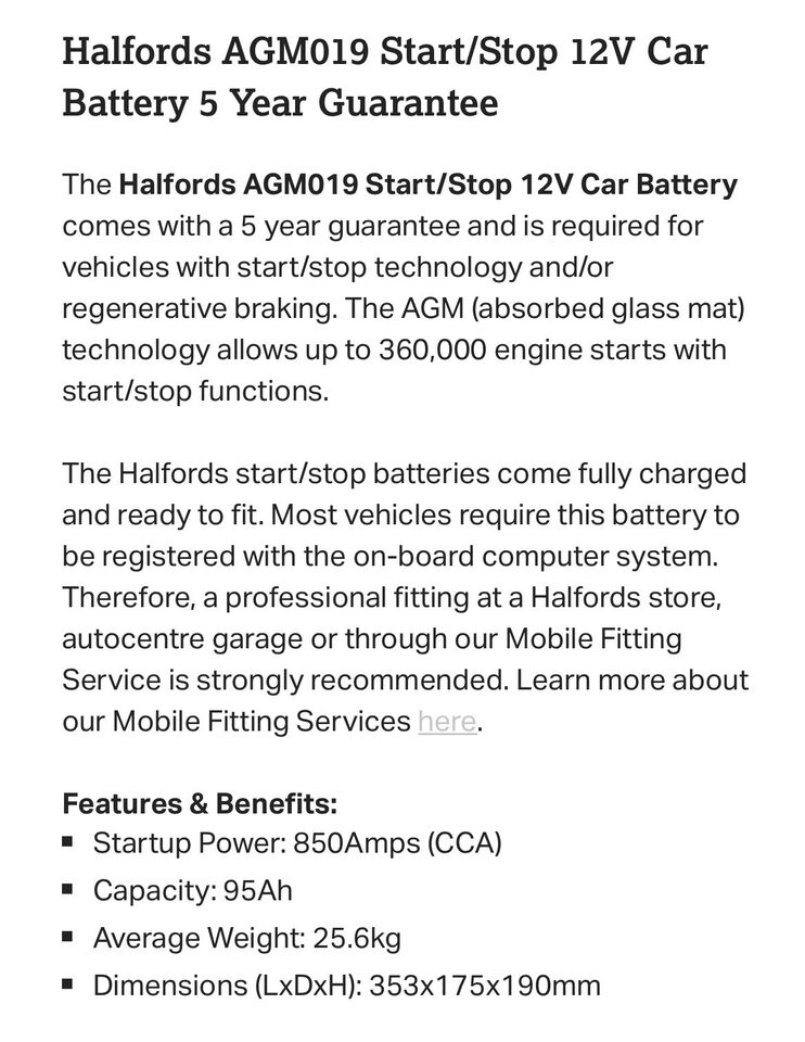 Halfords AGM 019 Start/Stop Technology Car Battery Heavy Duty 12v 95ah AGM019 | eBay UK