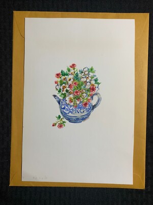 BIRTHDAY Flowers in Blue & White Pot 7x10.5" Greeting Card Art B8201 w ...