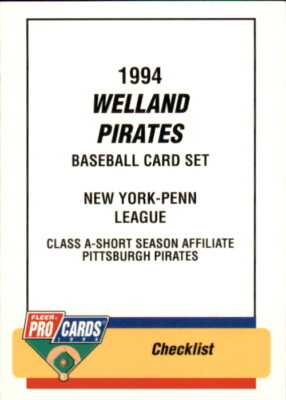 1994 Welland Pirates Fleer/ProCards #3513 Header Checklist - NM ...