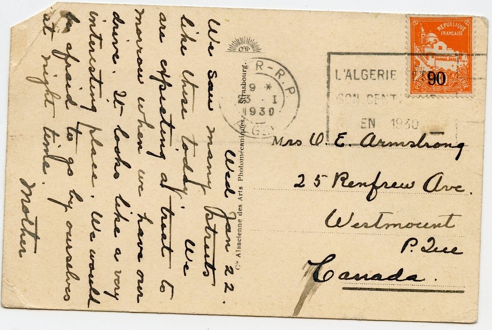 Algiers Algeria Vintage Postcard to Westmount , Quebec Canada 1930 | eBay