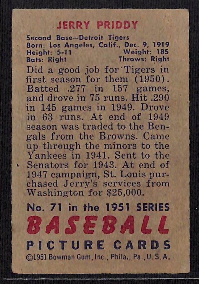 1951 Bowman #71 Jerry Priddy Detroit Tigers EX+ Sharp Card | eBay