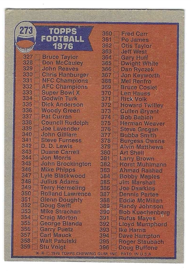 1976 Topps Football Unmarked Team & Set Checklists - You Pick (Volume ...