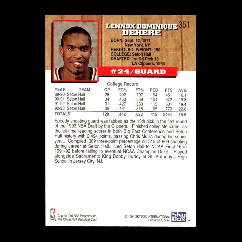 Terry Dehere 1994-95 SkyBox Rookie Los Angeles Clippers #351 R328R 23 ...