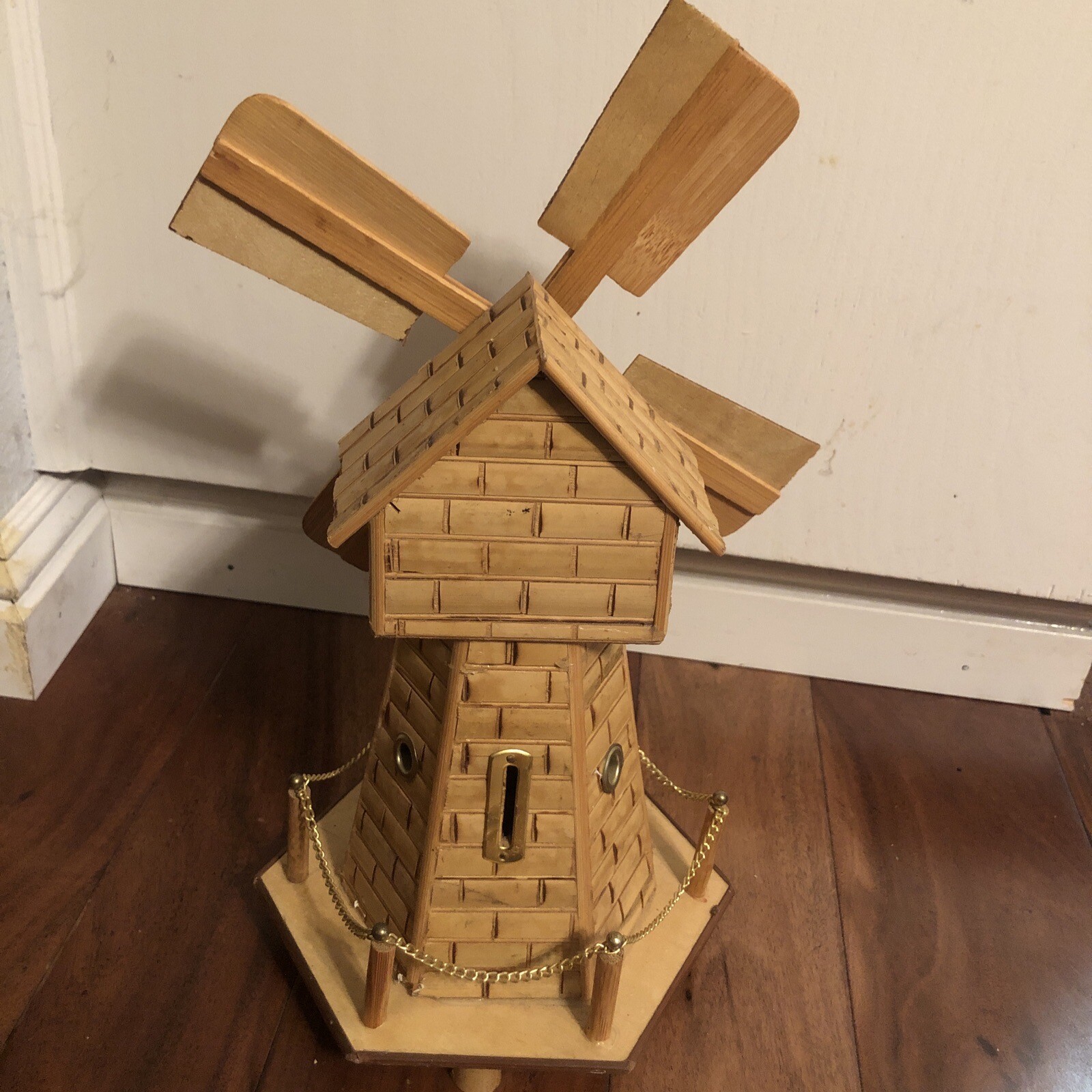 Vintage Bamboo Wood Windmill Music Box And Saving Bank home Decor | eBay