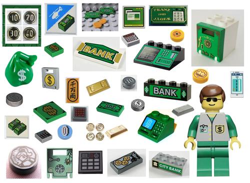 LEGO BANK ~ ATM Teller Safe Money Coins Ingots Locks Envelopes Slopes ...