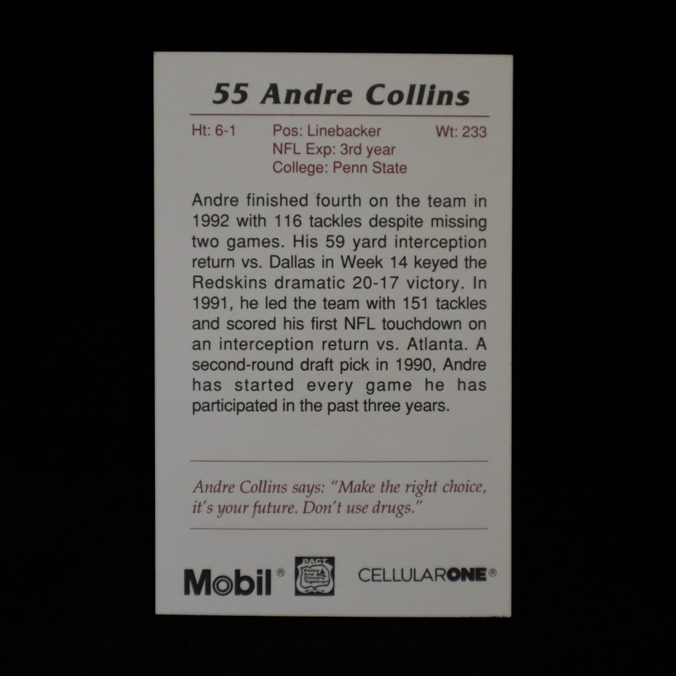 1993 Andre Collins Washington Redskins MOBIL FOX 5 Police Card #55 | eBay