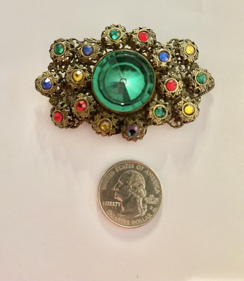 Art Deco Concave Czech Green & Fruit Salad Rounds Silvertone Filigree ...