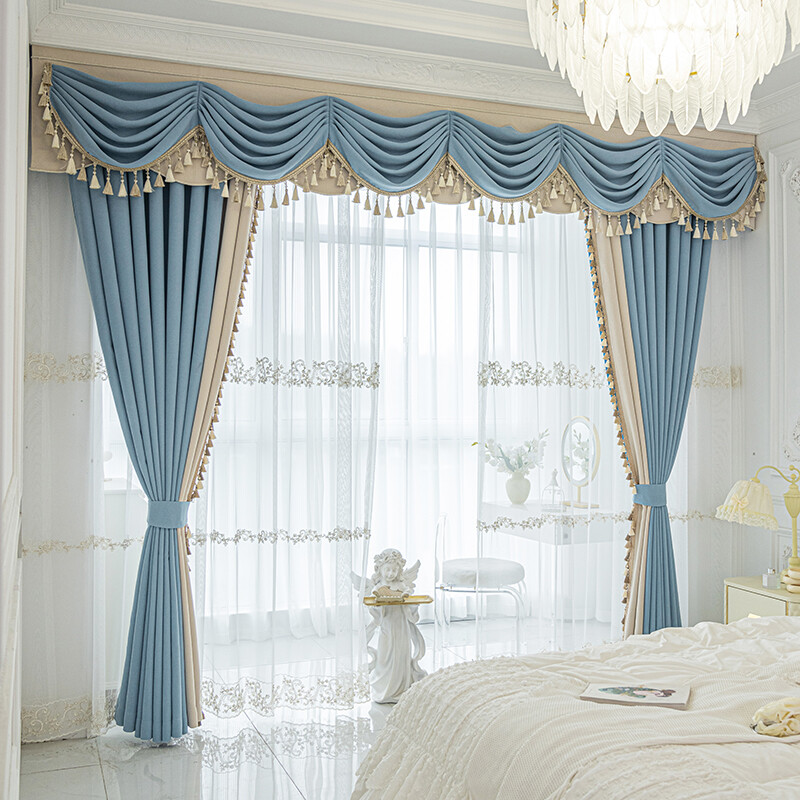 light luxury advanced simple modern blue cloth curtain tulle valance ...