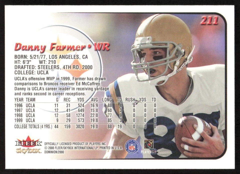2000 SkyBox Dominion Danny Farmer RC #211 Pittsburgh Steelers | eBay
