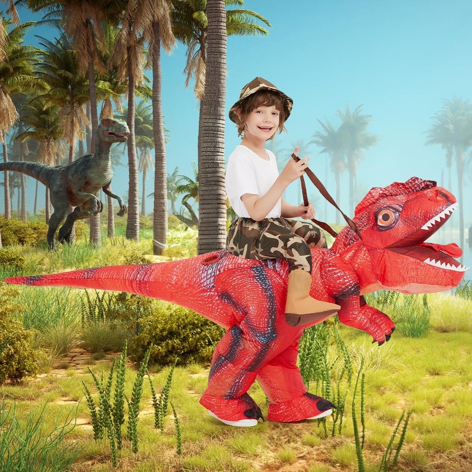 Inflatable Red Dinosaur Costume Kids, T Rex Dinosaur Blow Up Ride on ...