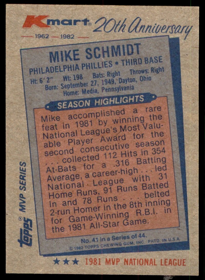 1982 Topps Kmart 20th Anniversary Mike Schmidt Philadelphia Phillies ...