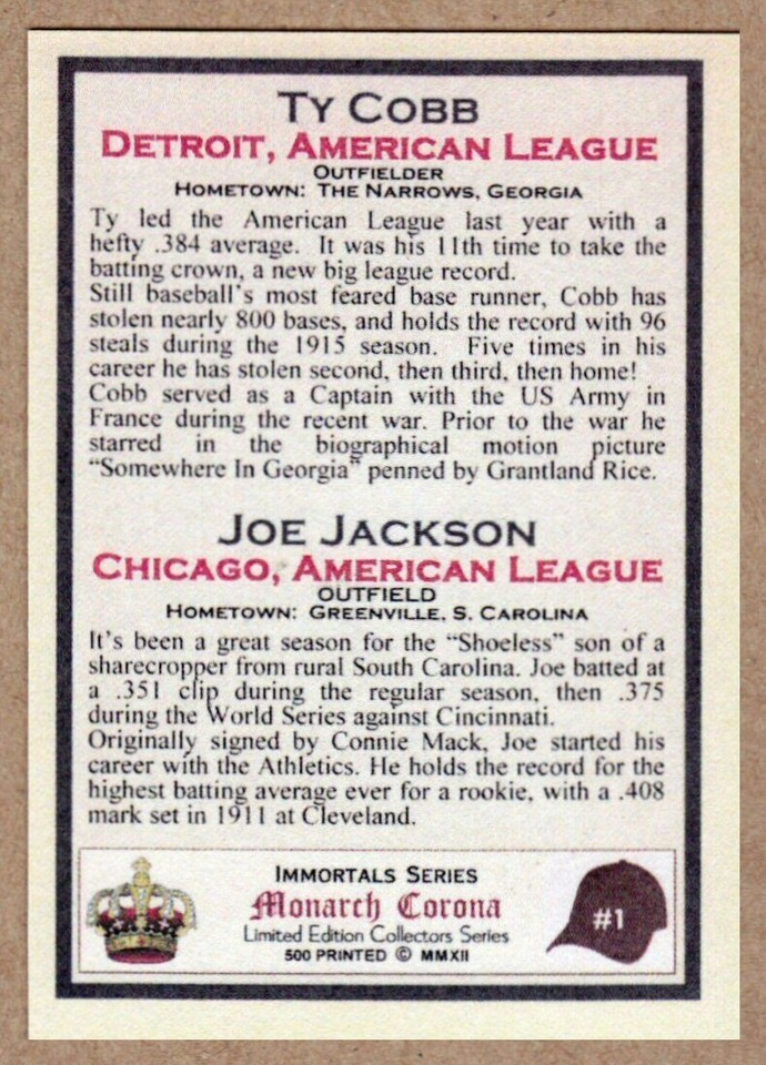 Shoeless Joe Jackson and Ty Cobb / MC Immortals #1 / FREE SHIP / NM+ | eBay