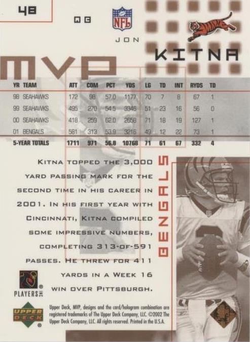 2002 Upper Deck MVP Jon Kitna #48 for sale | eBay