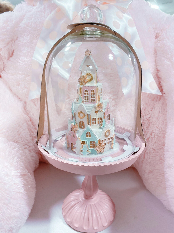 34th Pine Pastel pink gingerbread house Hearts in dome cloche display ...